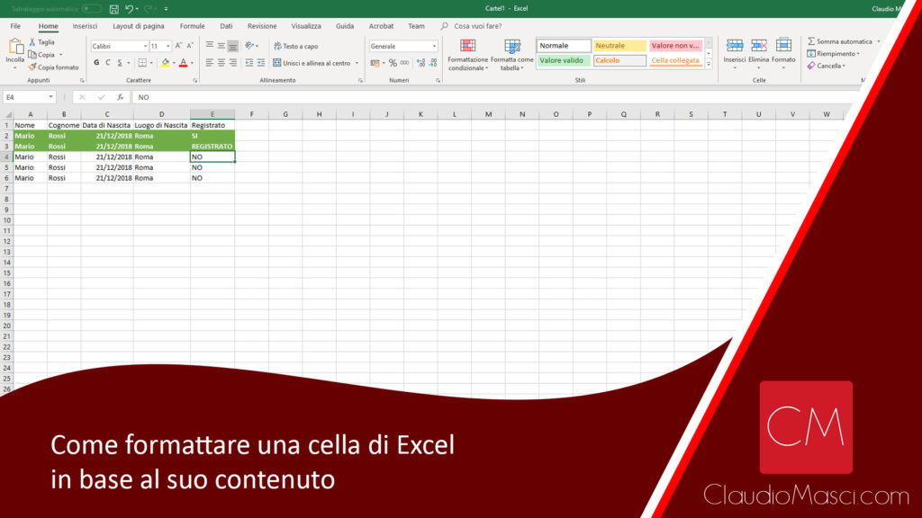 Come formattare una cella Excel in base al suo contenuto - ClaudioMasci